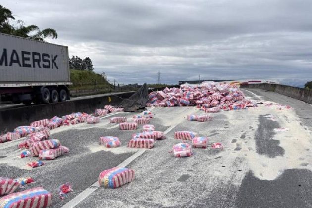 Caminhão com carga de arroz tomba, interdita pista e causa filas na BR ...